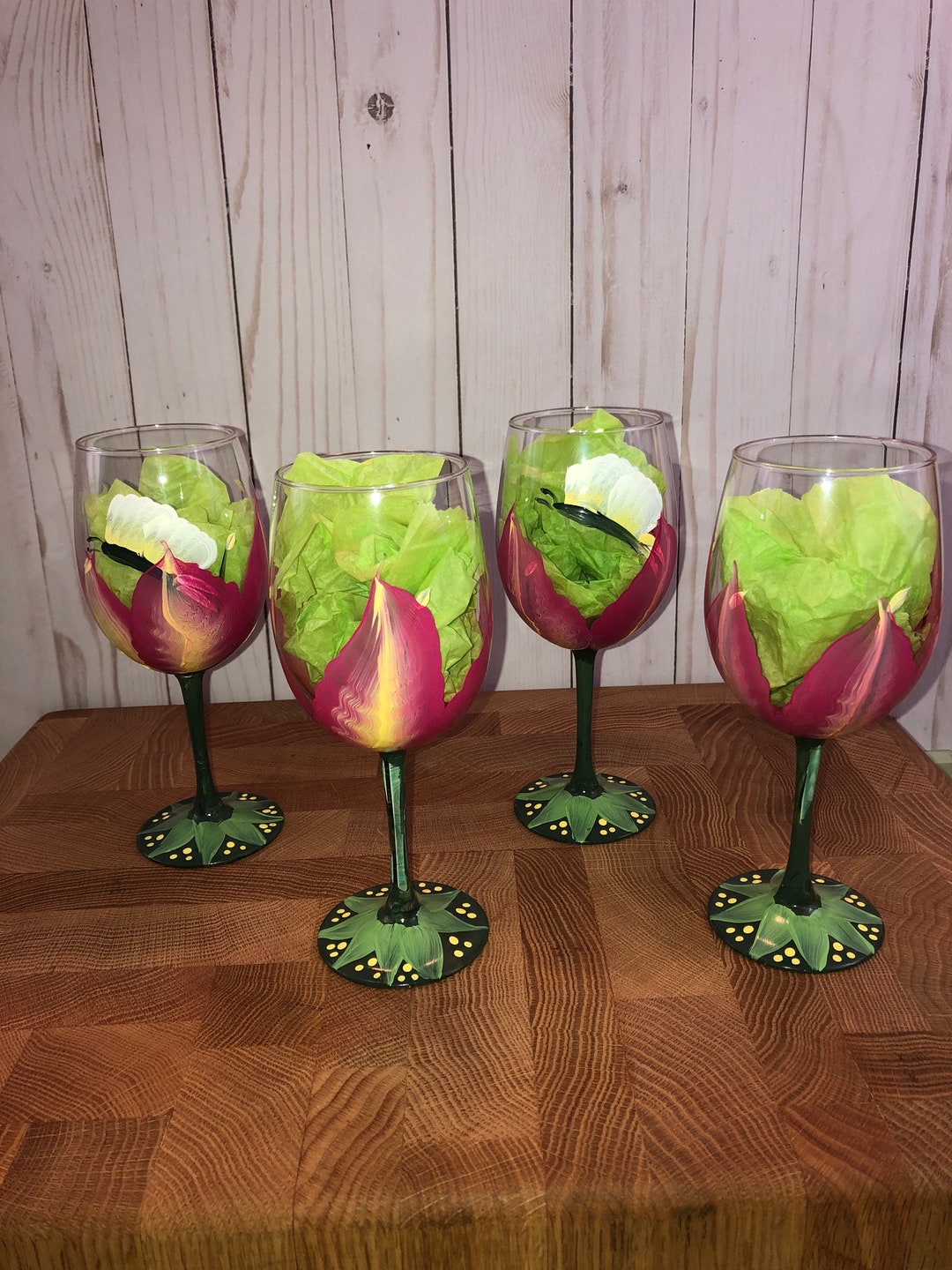 Hand Painted Stemmed Wine Glasses With Spring Wildflowers and Butterfly ...