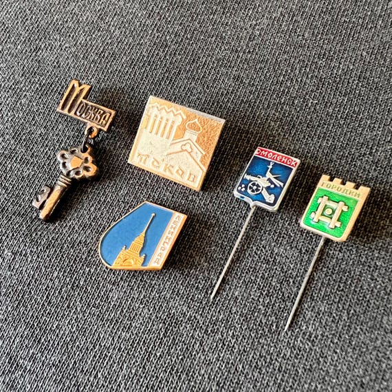 5x Soviet City Lapel Pins Enamel Badges USSR Lapel Pi… - Gem