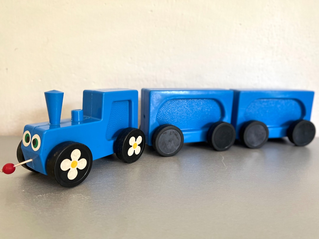 Plastic Blue Happy Train With Wheels Soviet Vintage Nursery Pull Toy ...