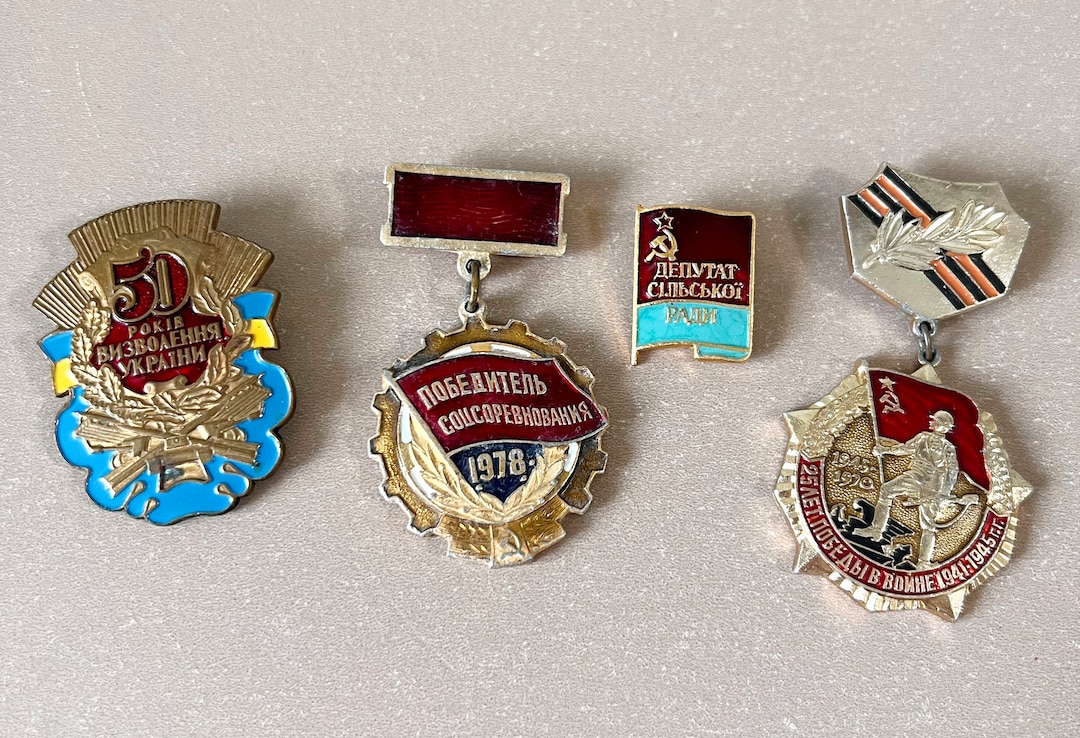 Communist Badges Set of 4 Enamel Alloy Lapel Pins Soviet Ukraine USSR ...