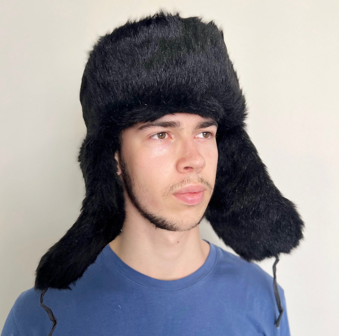 Ushanka Cossack Real Black Faux Fur Hat Vintage Winter 58 Cm Soviet ...