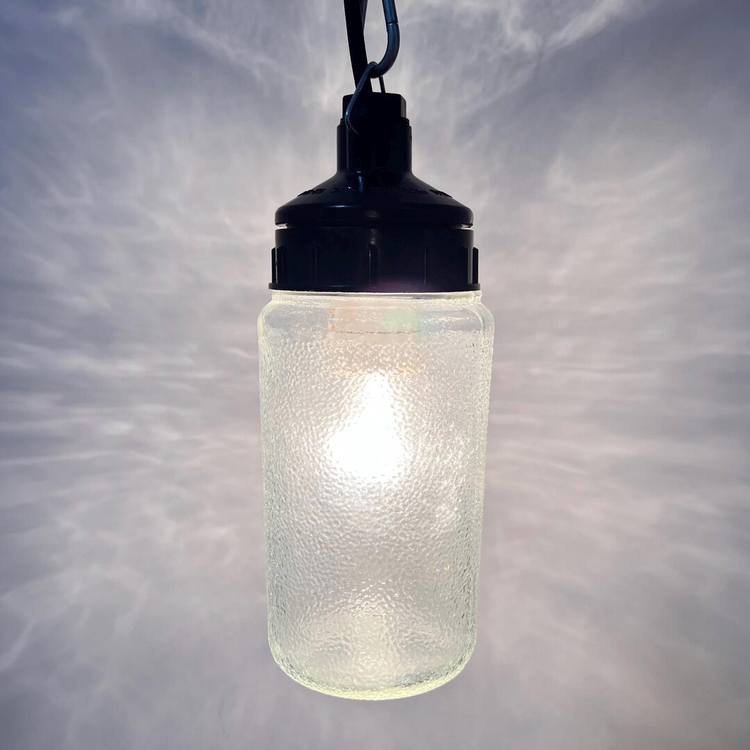 Rippled Glass & Bakelite Fixture Soviet Industrial Hanging Pendant Jar ...
