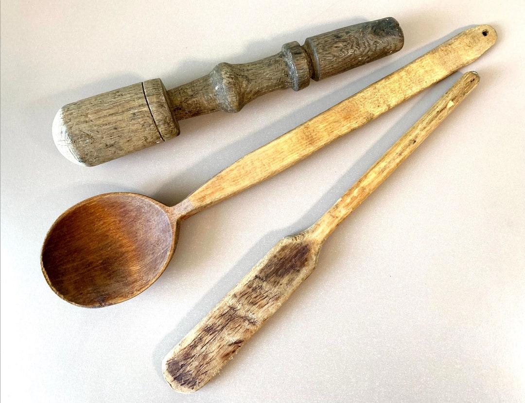 Set of Antique Solid Wood Soviet Kitchen Utensils, Spoon, Stirrer ...