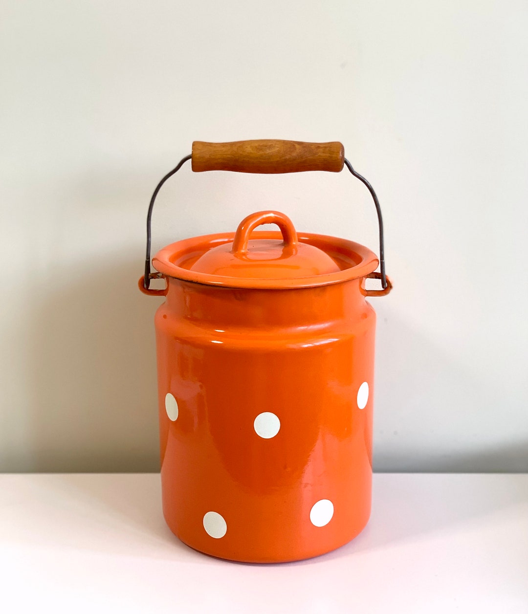 Soviet Orange Polka Dot Enamelware Milk Can Bidon Jug Vintage Canister ...
