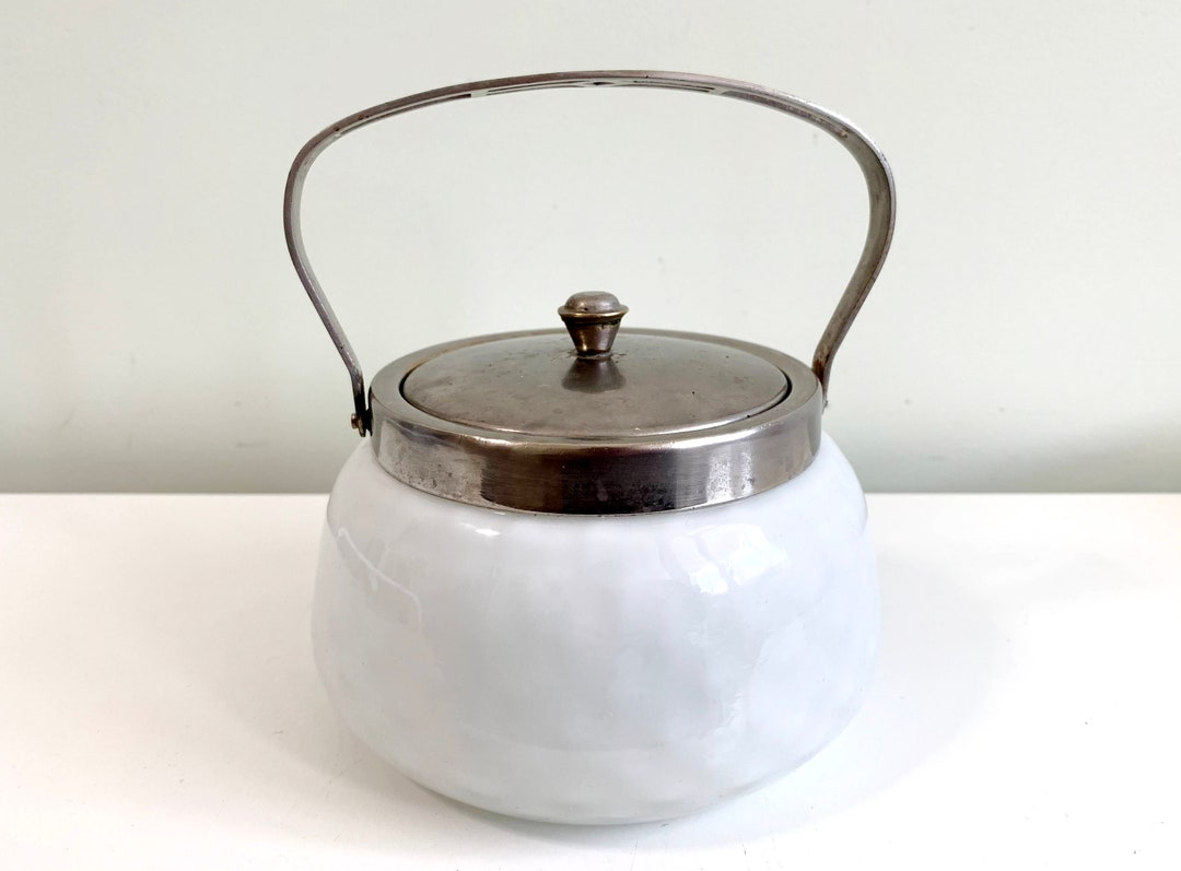 Soviet 1930s Vintage Sugarbowl Artel Autoshtamp Milkglass - Glass Metal ...