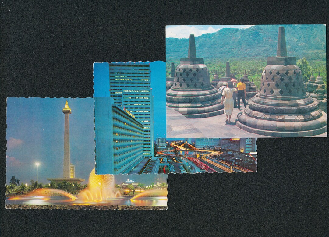 3x Postcards Jakarta Indonesia 1980s Night Scenes Jawa Tengah Borobudur ...