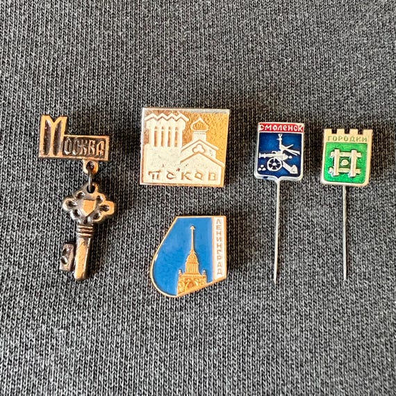 5x Soviet City Lapel Pins Enamel Badges USSR Lapel Pi… - Gem