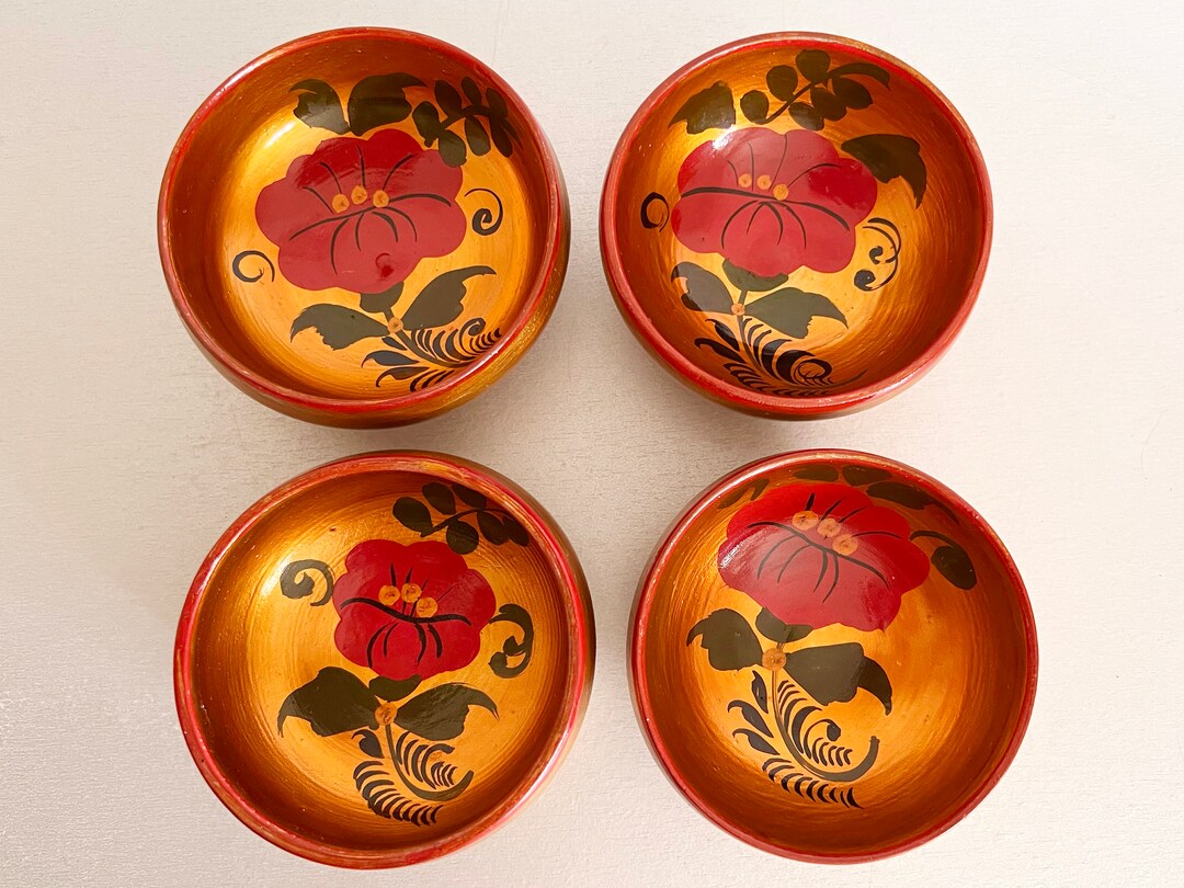 Set of 4 Small Soviet Khokhloma Wooden Bowls, Hand-painted Traditional ...