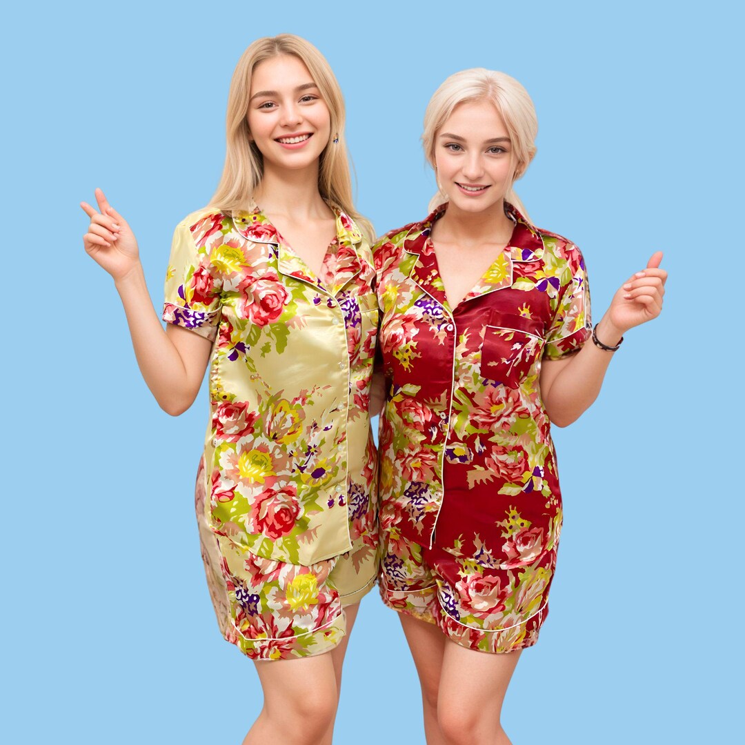 Floral Pj Set Shorts, Floral Pajama Set Bridesmaid, Floral Silk Pyjama ...