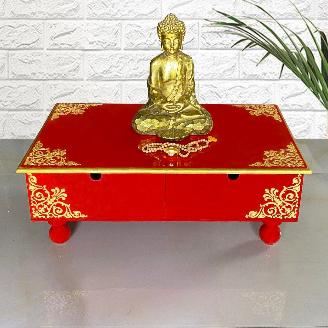 Wooden Puja Chowki Table Inside Drawers End Table, Pooja Stool for ...