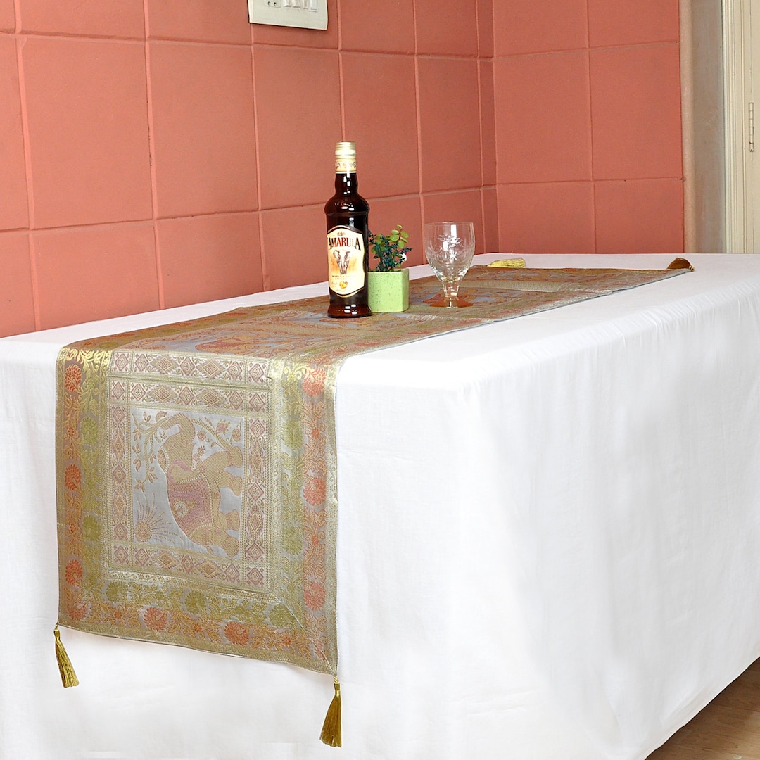 6 Seater Printed Center Table Runner for Home Decor Brocade Silk ...