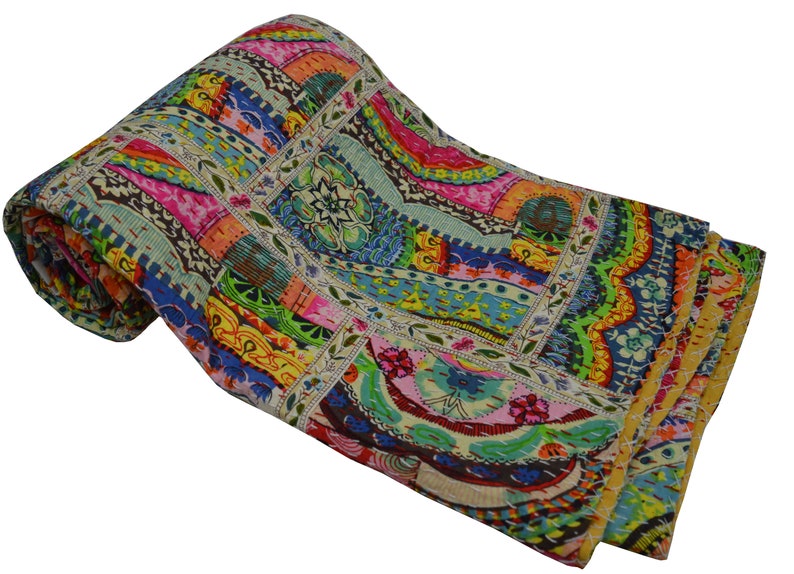 Indian Handmade Kantha Quilt Multi Patchwork Bedspread | Etsy