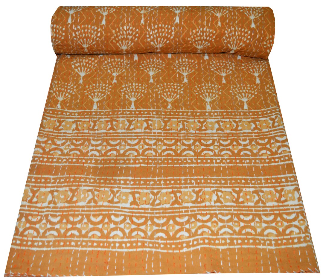 Yellow Block Print Hand-stitched Patchwork Vintage Kantha - Etsy