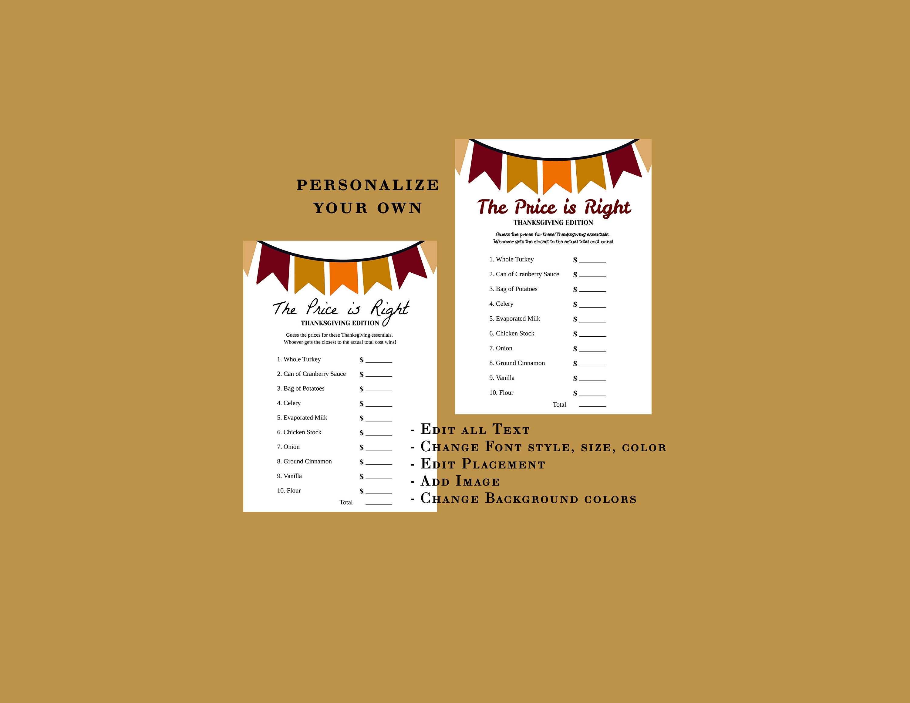 Editable the Price is Right Thanksgiving Game, the Price is Right Game ...