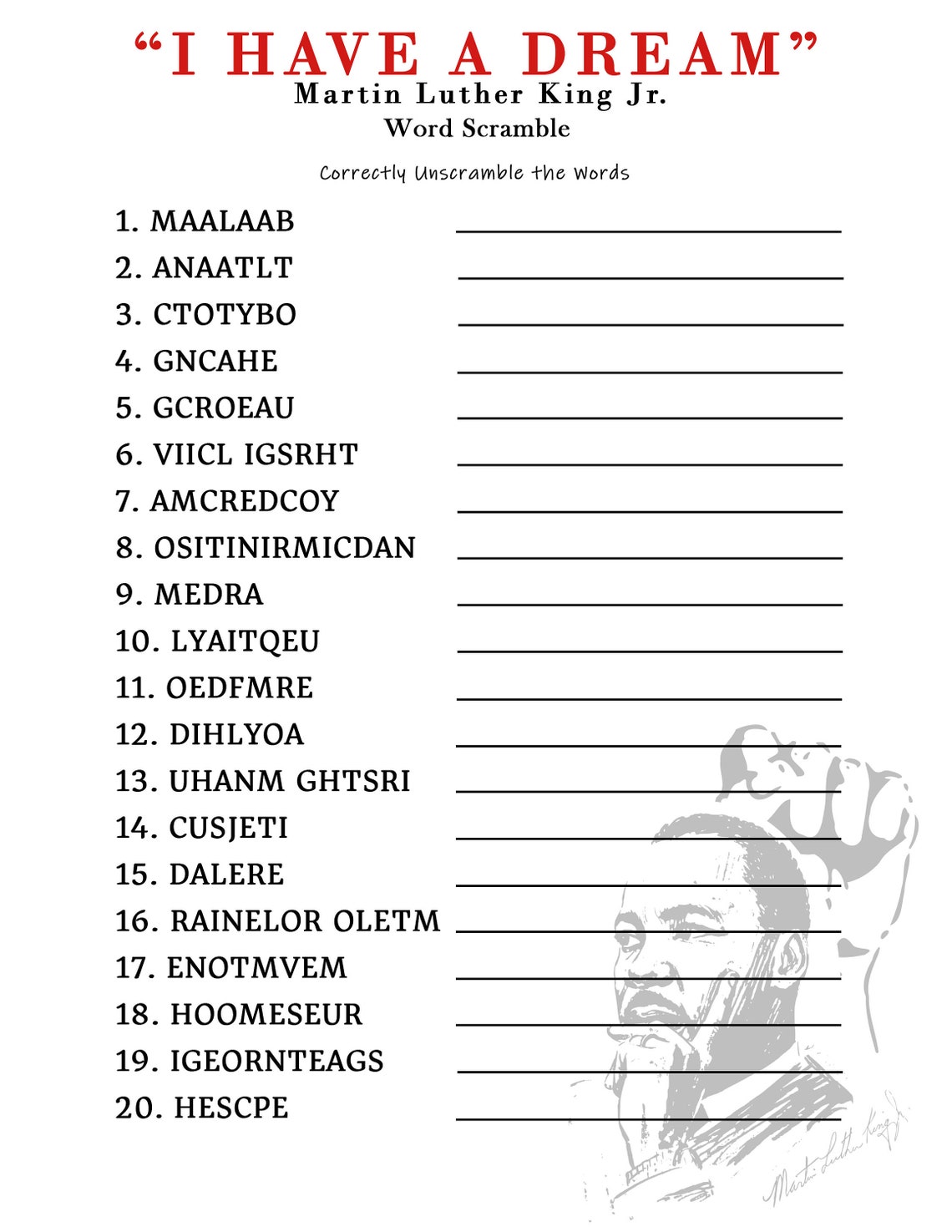 INSTANT DOWNLOAD Printable MLK Word Scramble Game / Martin Luther King ...