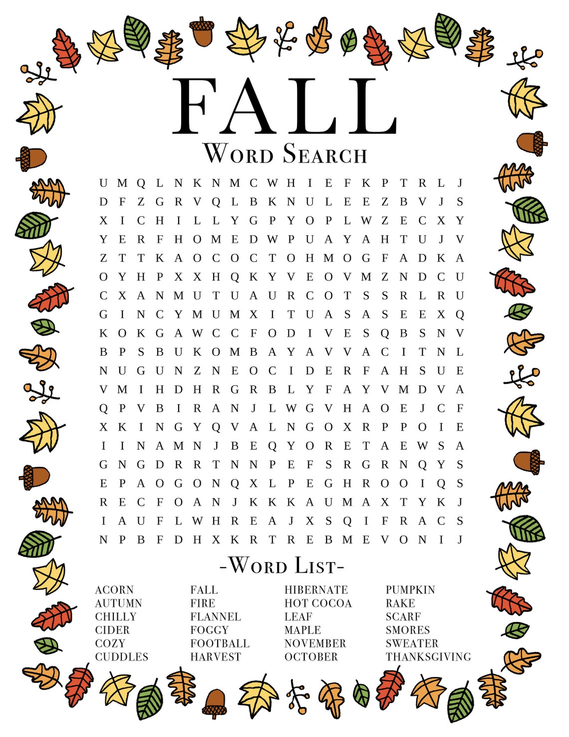 INSTANT DOWNLOAD Printable Fall Day Word Search / Party Games - Etsy