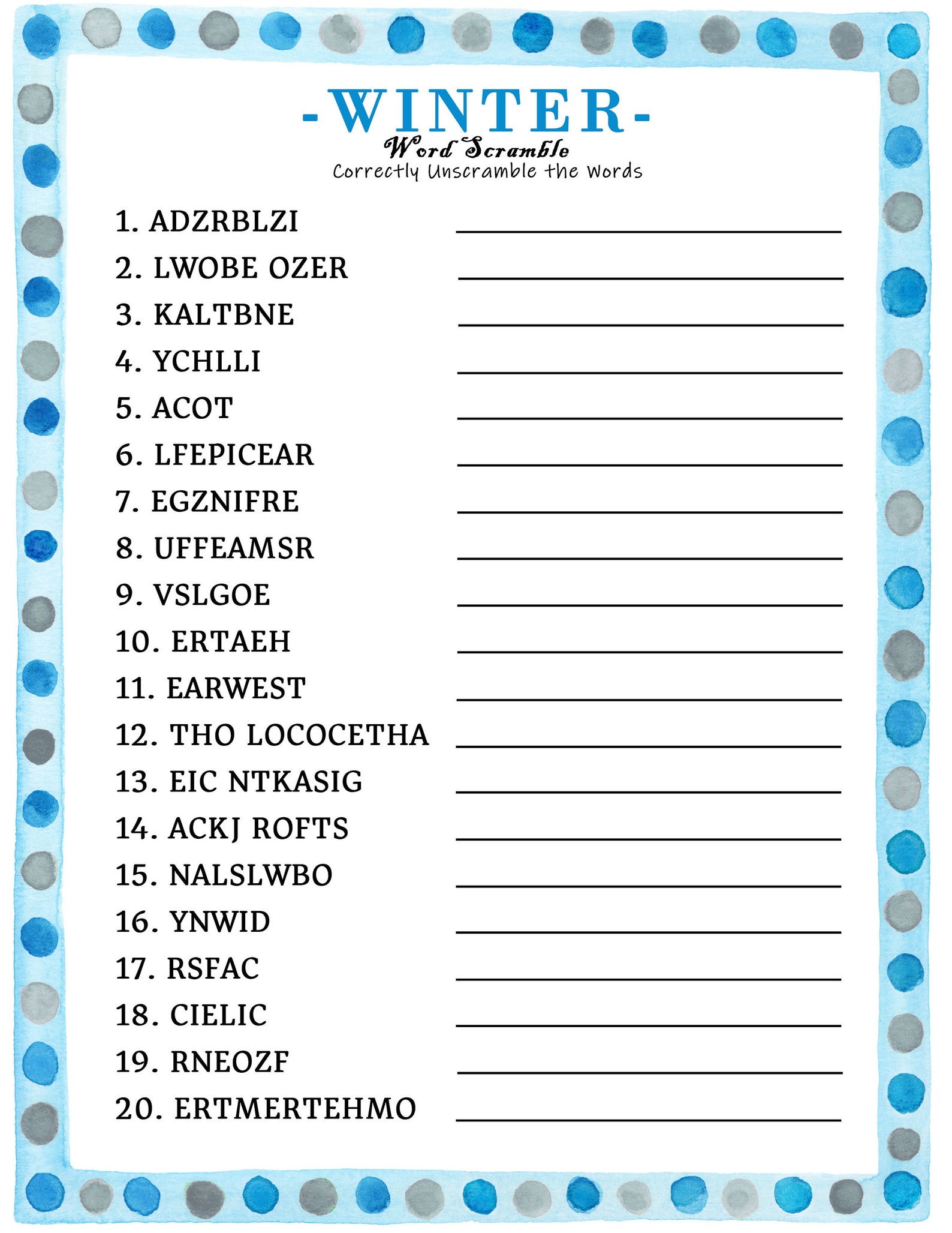 INSTANT DOWNLOAD Printable Winter Word Scramble Game / Party Games ...