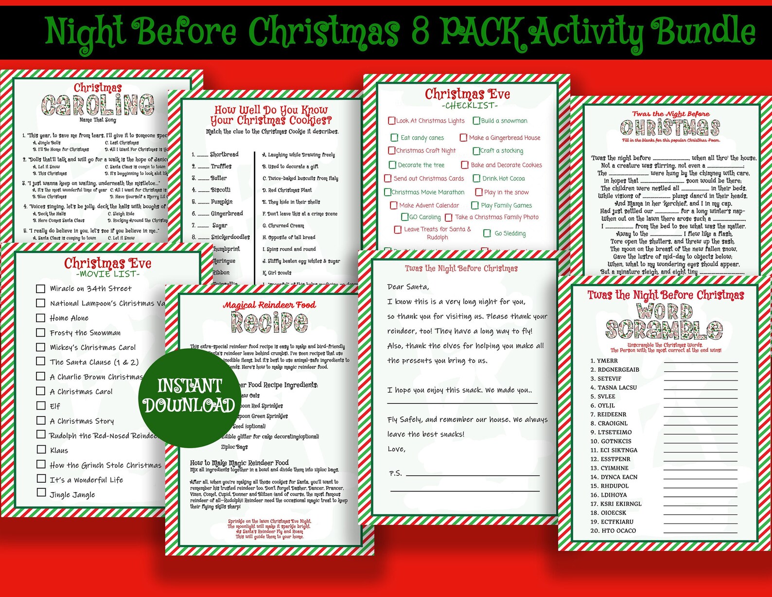 8 Christmas Activity Bundle, Night Before Christmas Game , Family ...
