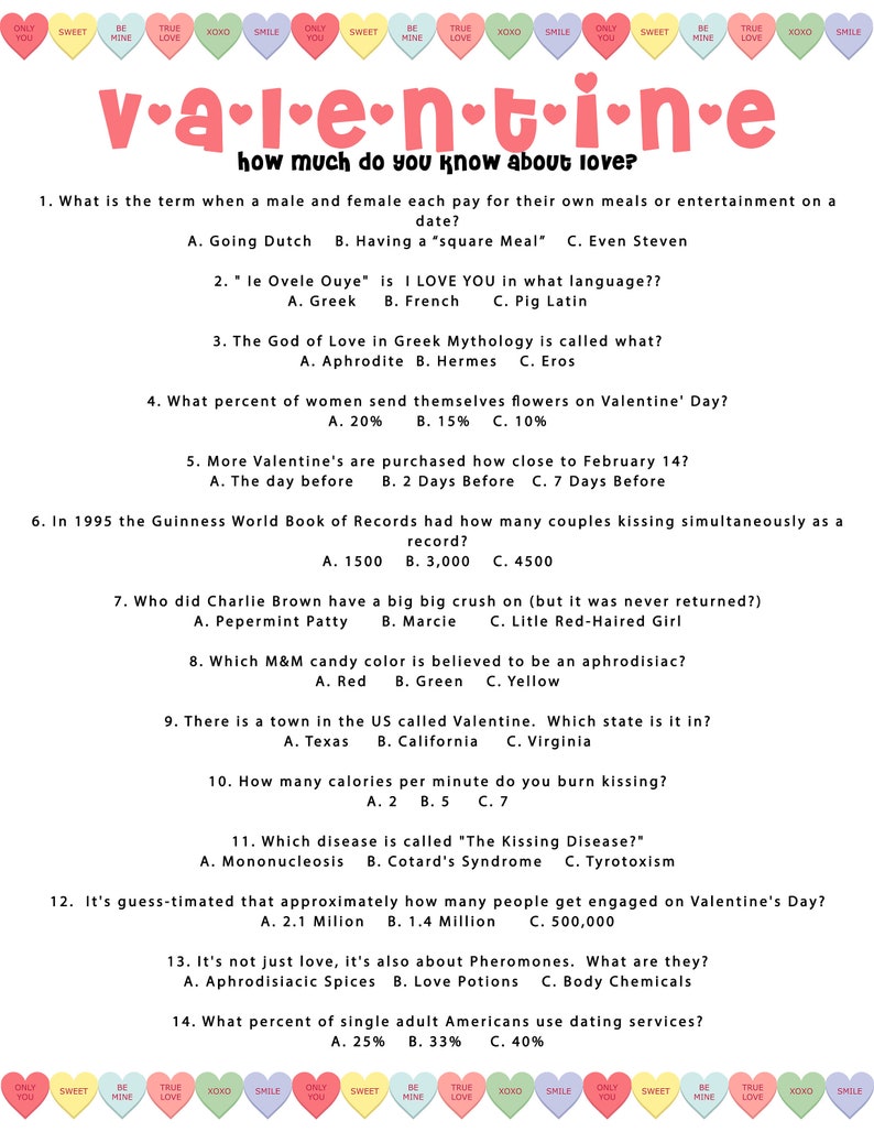 Valentines Day Trivia Game Adult Valentines Day Trivia Game Printable