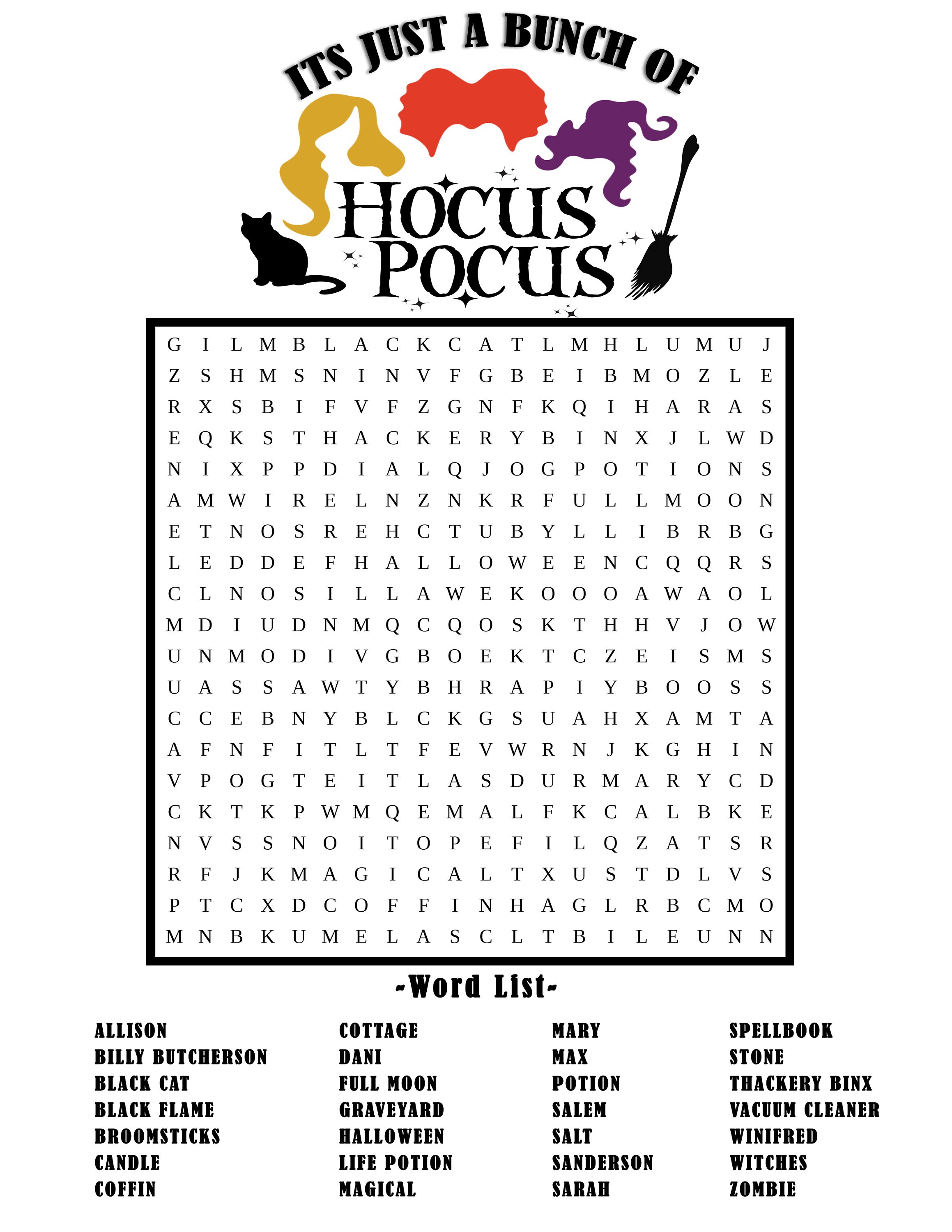 Hocus Pocus Word Search Game Instant Download Halloween Word - Etsy