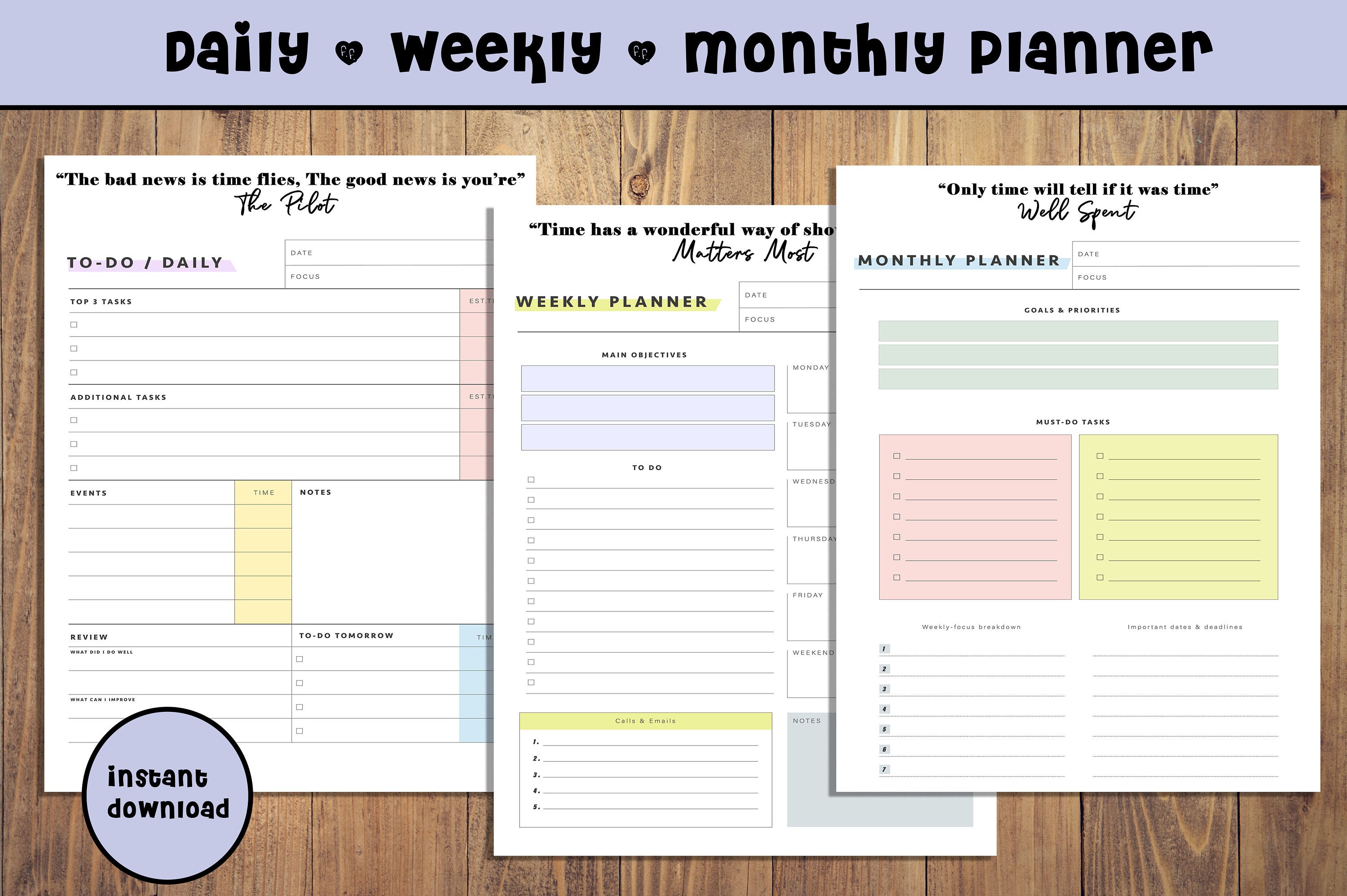 Daily, Weekly, Monthly Planner Printable, to Do List, Weekly Planner ...