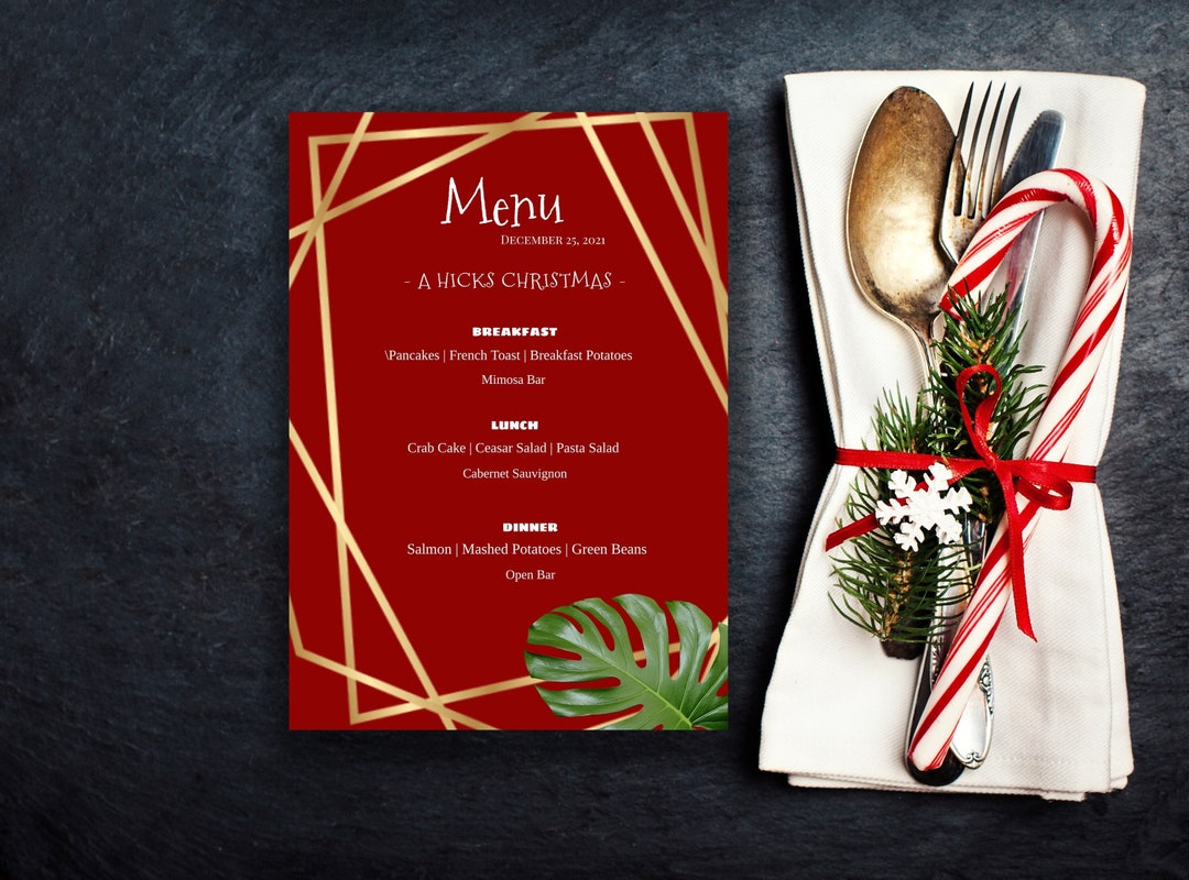 Red and Gold Christmas Menu Card, Green and Gold Menu, Holiday Menu ...