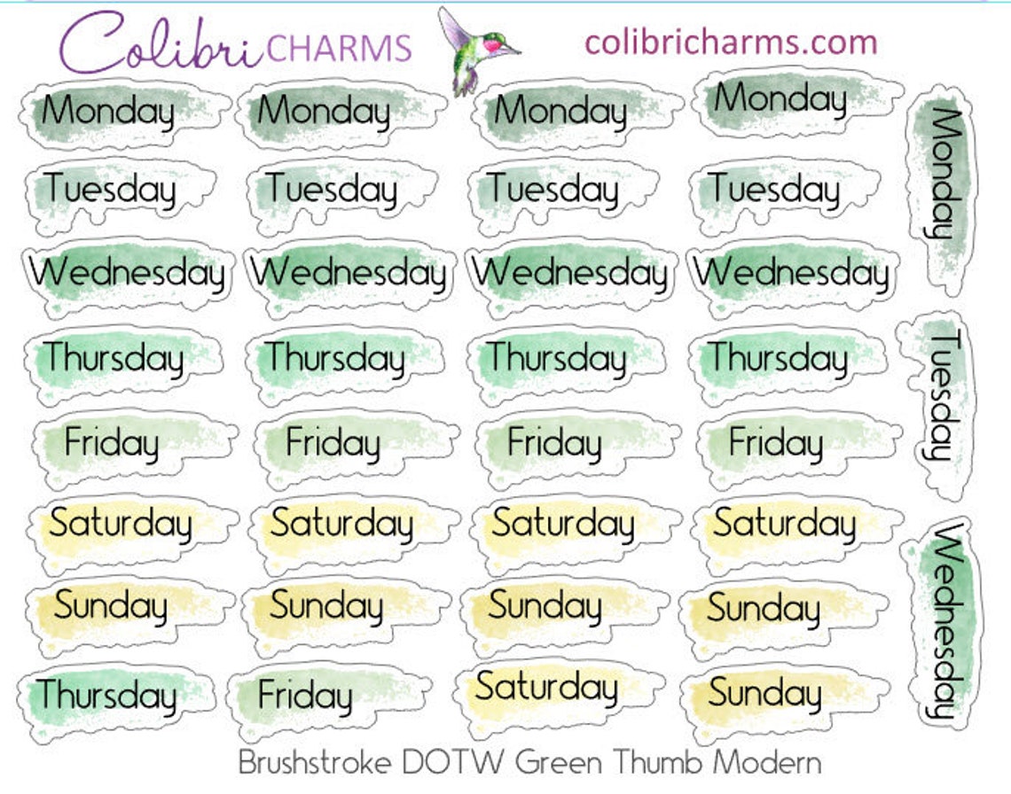 Green Thumb Brushstroke Days of the Week Planner Stickers | Etsy