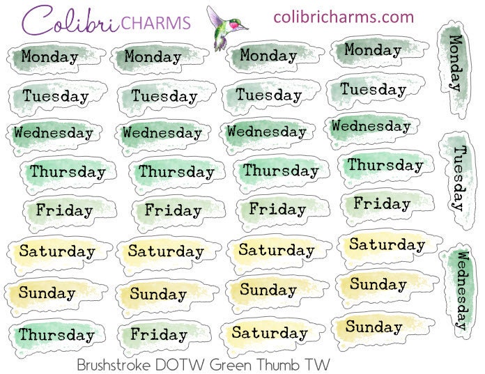 Green Thumb Brushstroke Days of the Week Planner Stickers | Etsy