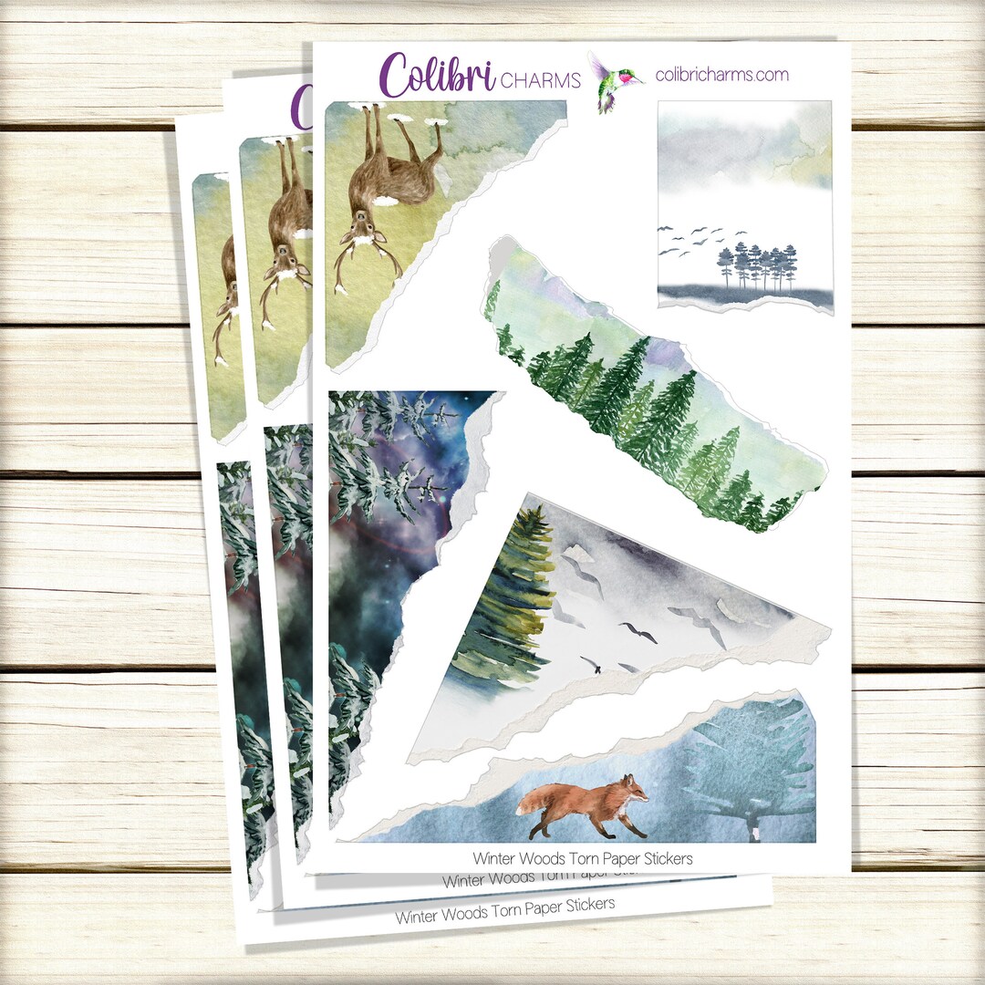 Winter Woods Torn Paper Stickers Foggy Forest Planner Stickers ...