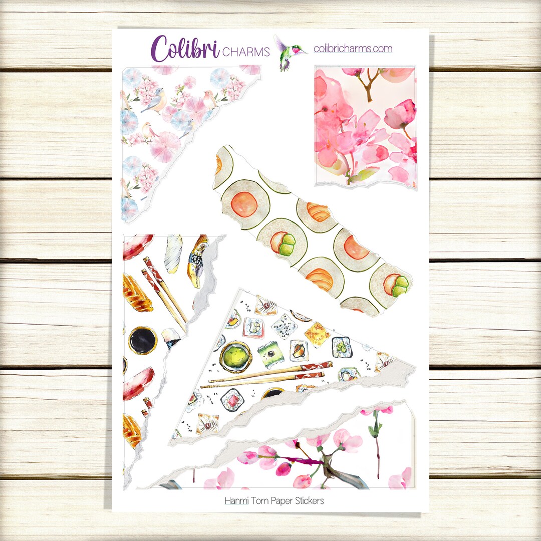 Hanami Torn Paper Stickers Sushi Sakura Japanese Planner Stickers ...