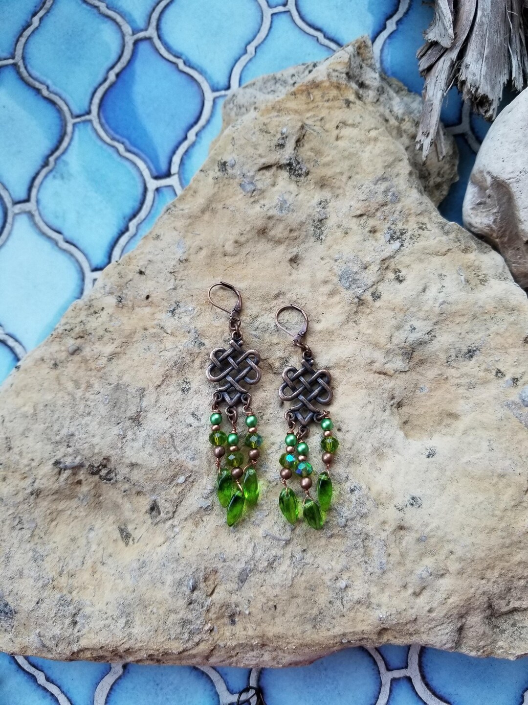 Celtic Knot Antiqued Coppertone and Green Czech Glass Beads Earrings - Etsy