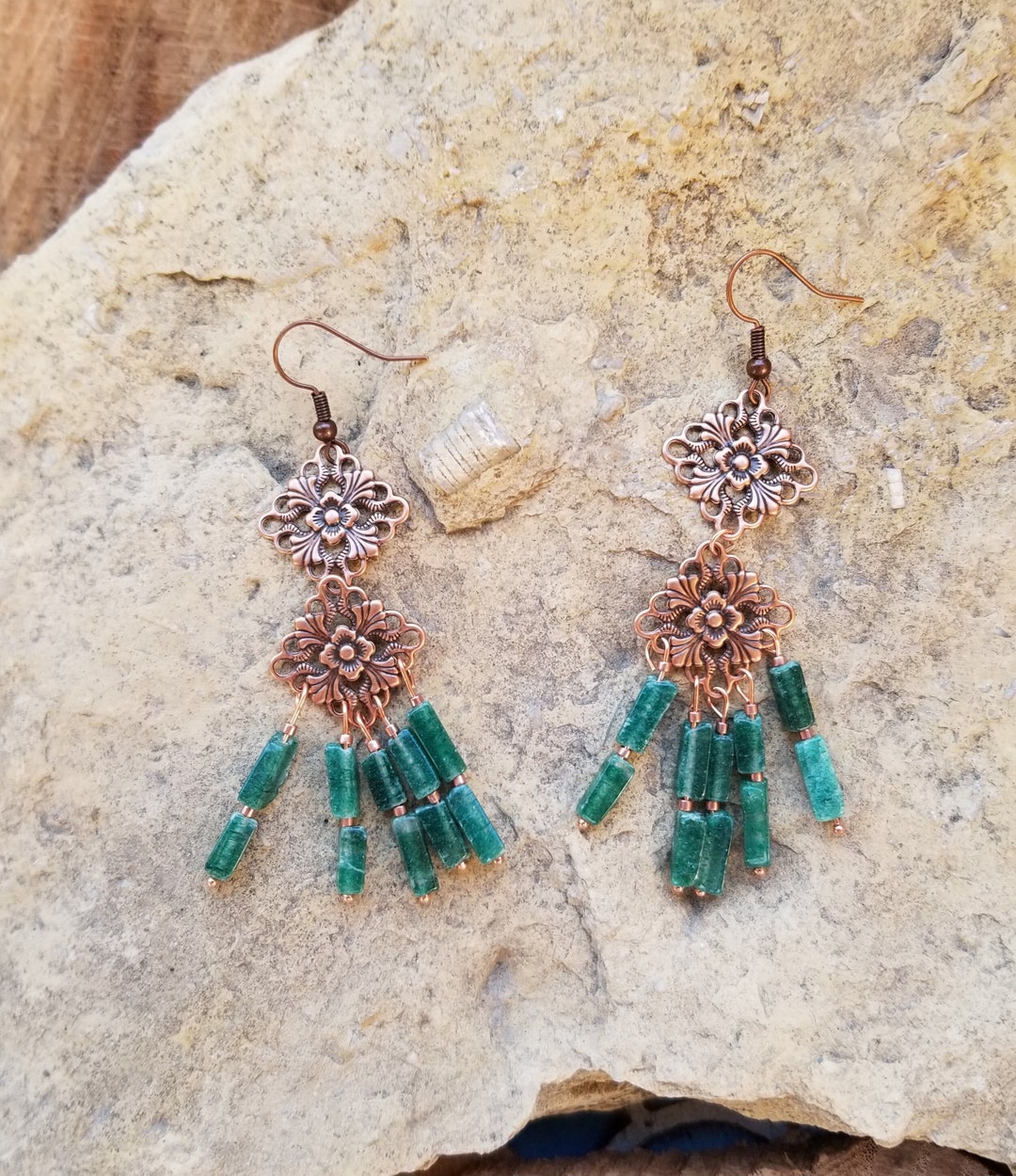 Coppertone Filigree and Green Aventurine Earrings - Etsy