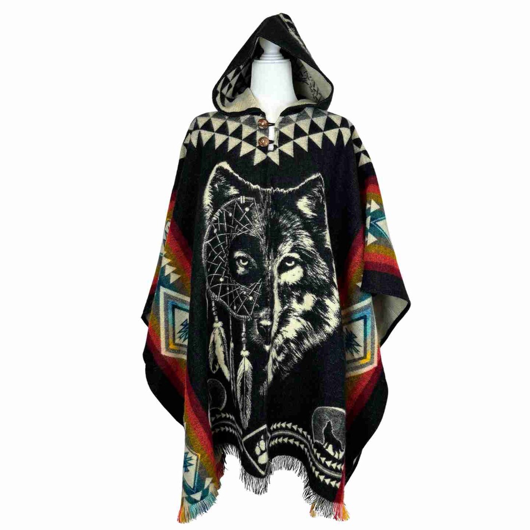 Wolf Dreamcatcher Poncho for Men or Women, Warm Alpaca Wool Poncho ...