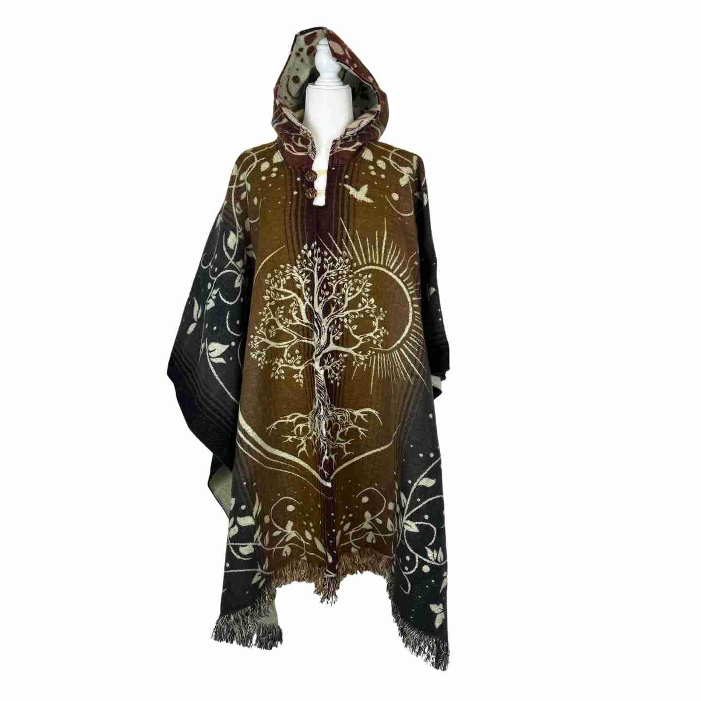 Tree of Life and Sun Warm Mens Alpaca Wool Poncho Hoodie | Hooded Cape ...