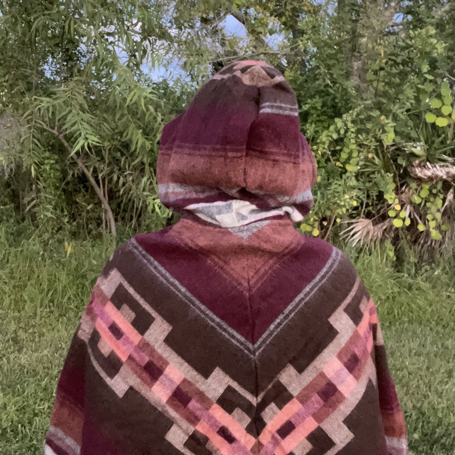 V-shaped Style Hooded Poncho With Fringes, (brown Maroon) Unisex Cape ...