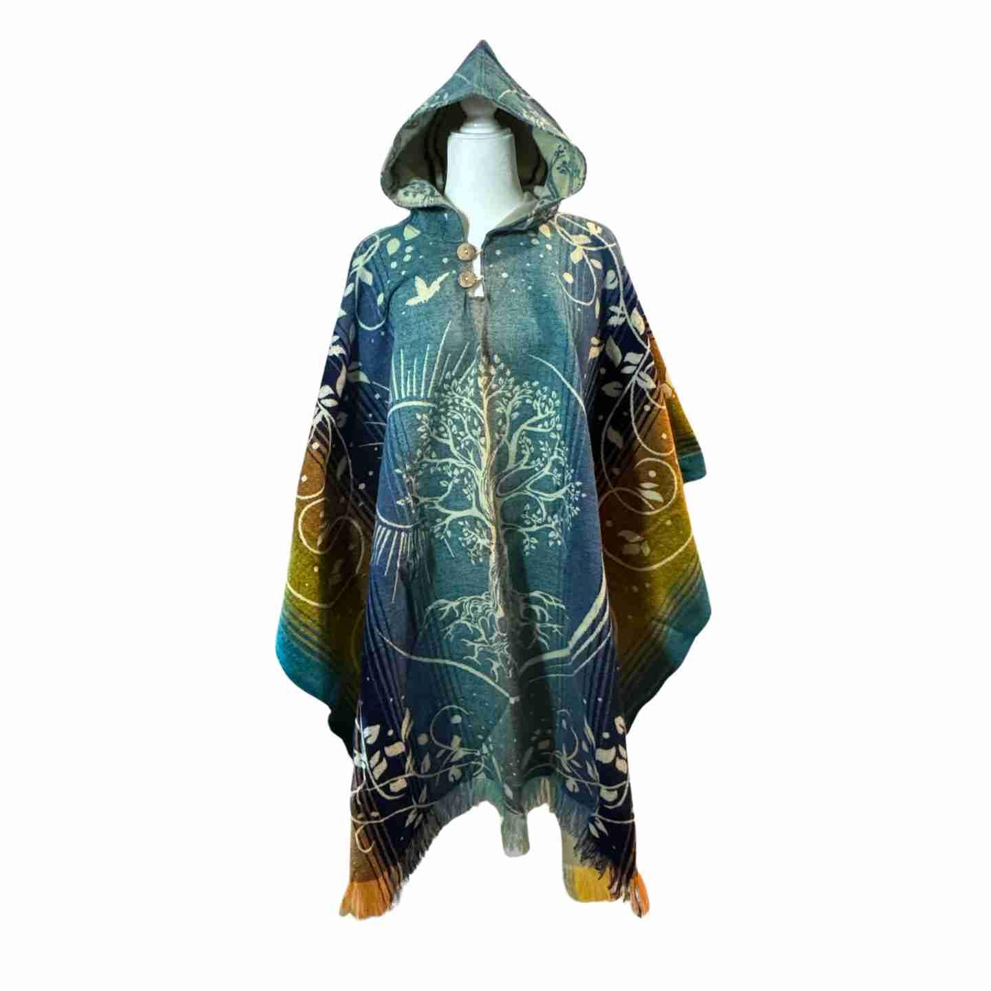 Tree of Life and Sun Warm Mens Alpaca Wool Poncho Hoodie | Hooded Cape ...