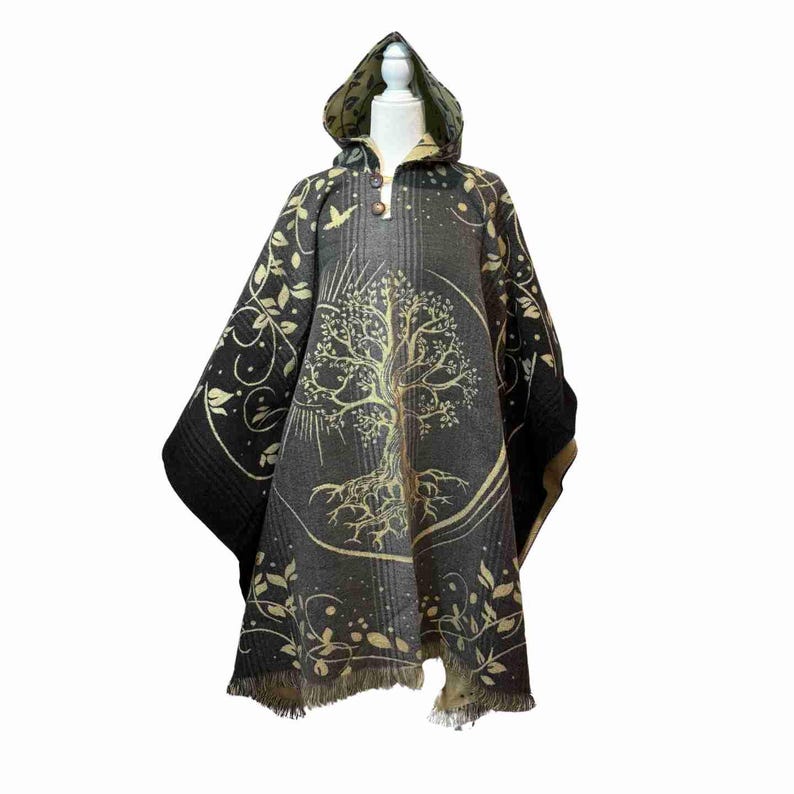 Tree of Life and Sun Warm Mens Alpaca Wool Poncho Hoodie | Hooded Cape ...