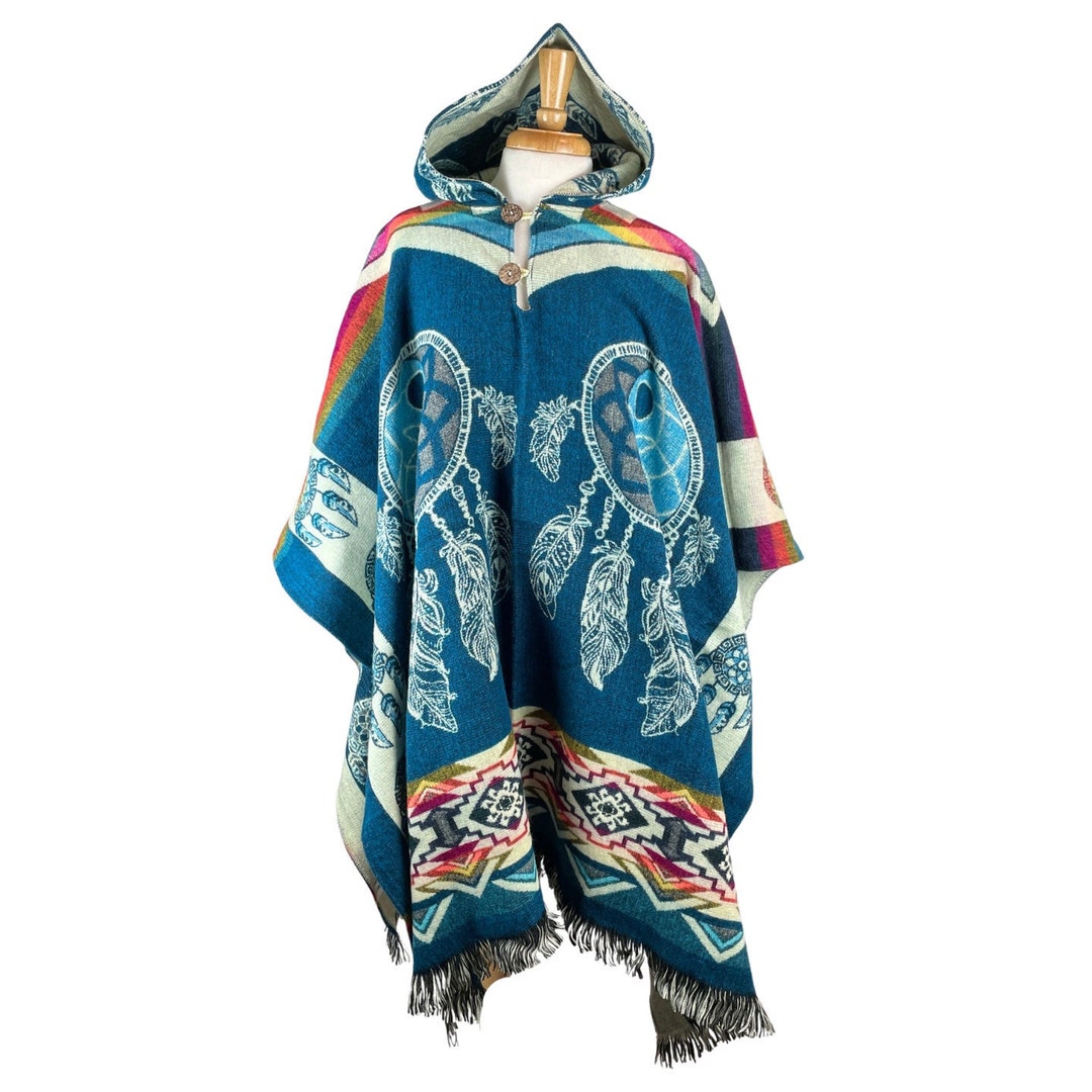 Yin Yang Feather Hooded Poncho, Warm Alpaca Wool Unisex Wrap, Hippie ...