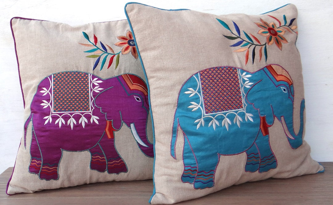 Embroidered Floral Elephant Cushion: Bohemian Home Decor, Fair Trade ...