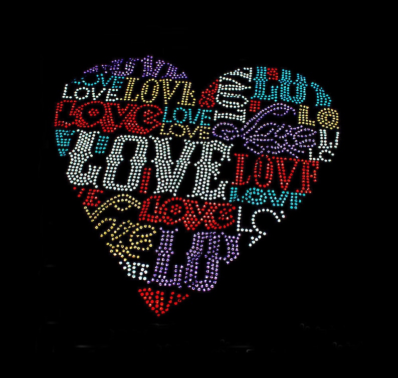 Love Heart Rhinestone Transfer Bling Hot Fix Iron on Patch Motif Design ...
