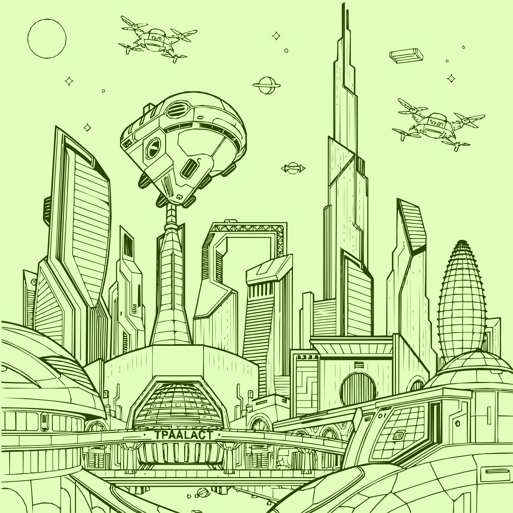 Futuristic Cityscapes Digital Coloring Pages – Urban Landscape Art for ...