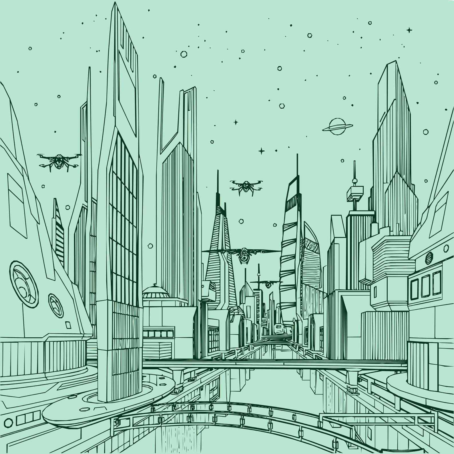 Futuristic Cityscapes Digital Coloring Pages – Urban Landscape Art for ...