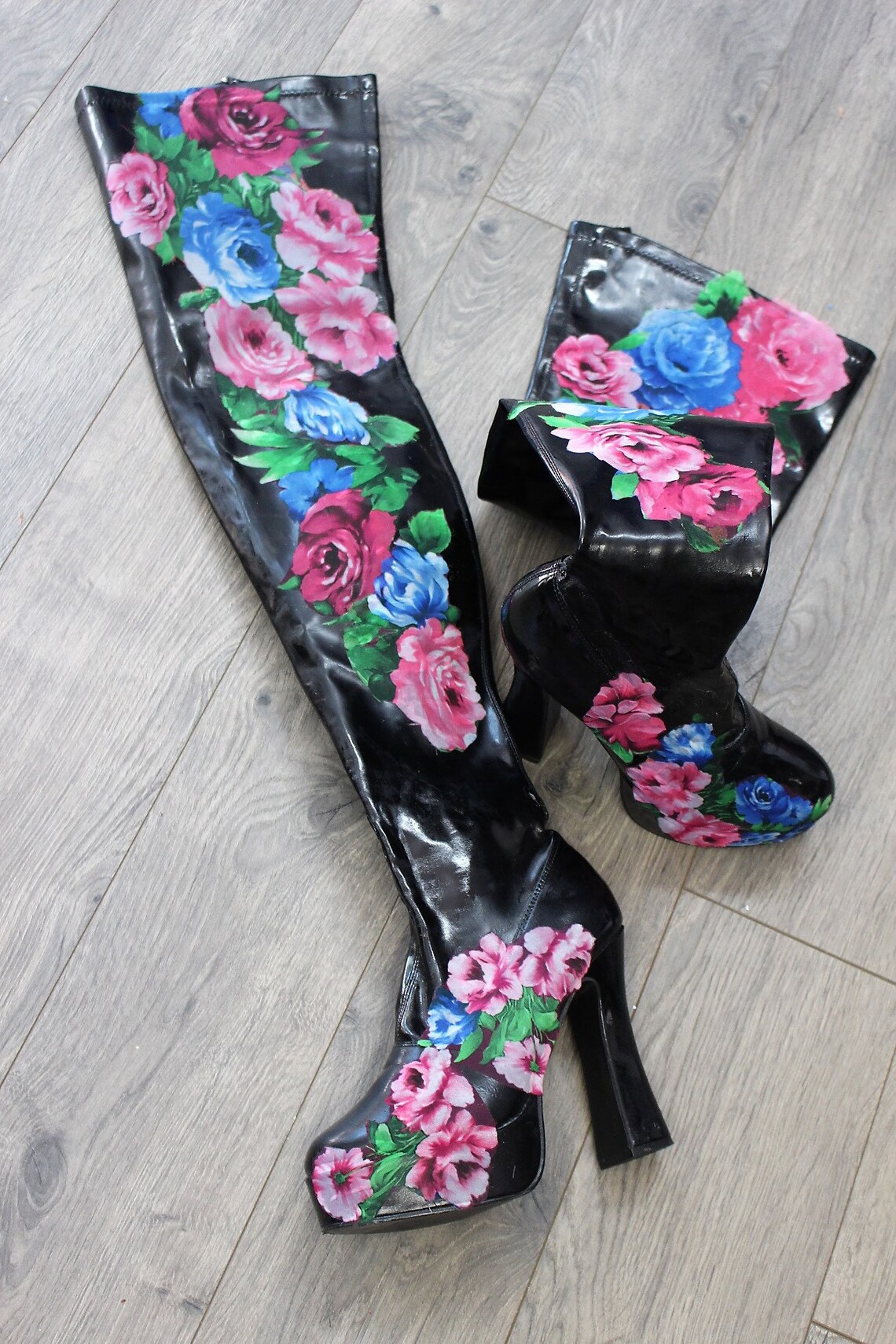 Black Knee High Boots Flowerboots Costumes Festival Boots Playa Wear - Etsy