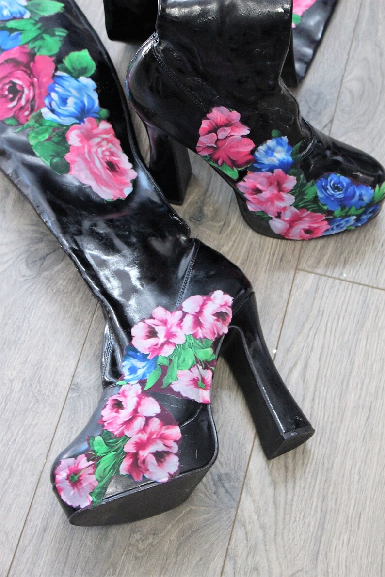 Black Knee High Boots Flowerboots Costumes Festival Boots Playa Wear - Etsy