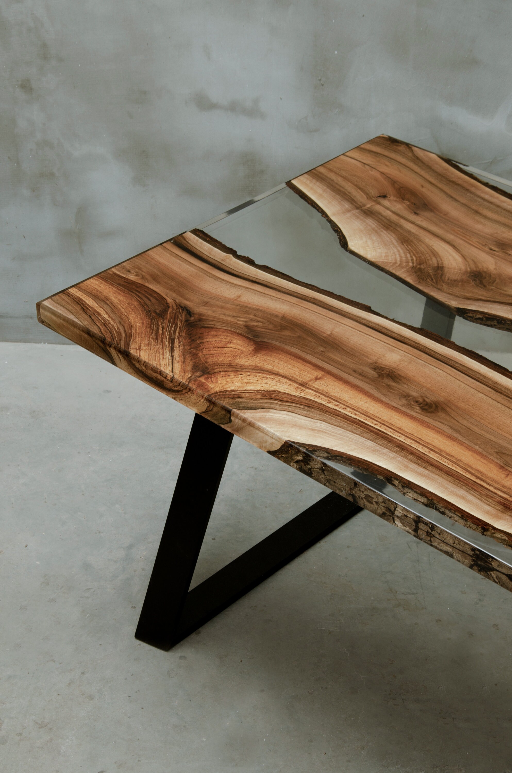 Custom Epoxy Table Made of Two Walnut Slabs, Crystal Transparent UV ...