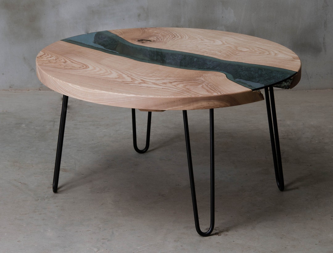 Custom River Table, Round River Coffee Table Made of Ash, Wooden Live ...