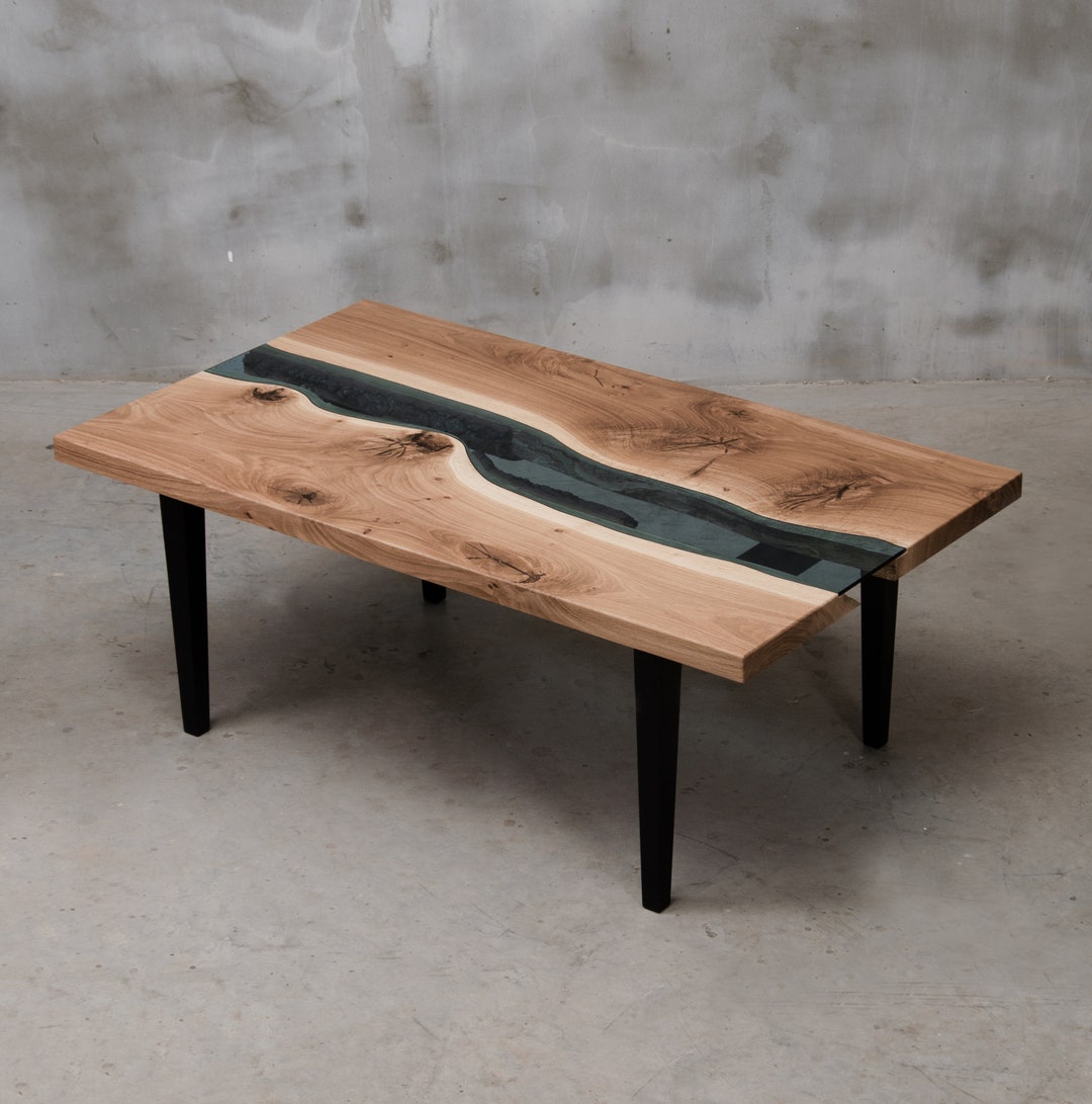 Custom Live Edge Coffee Table, Glass Coffee Table Made of Knotty Oak ...
