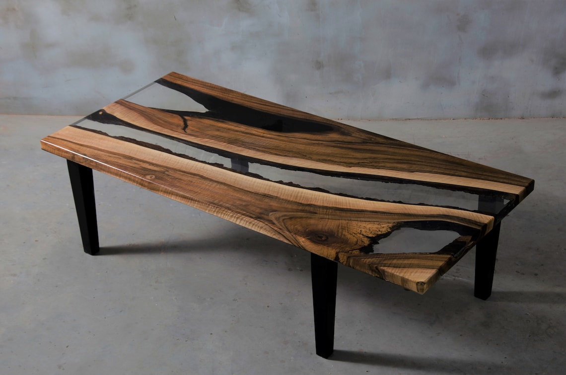 Custom Live Edge Coffee Table Made of Walnut, Crystal Transparent UV ...
