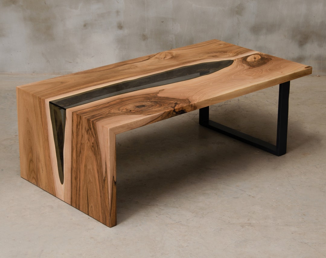 Custom Live Edge Table Made of Walnut Wood, River Table With Grey Glass ...