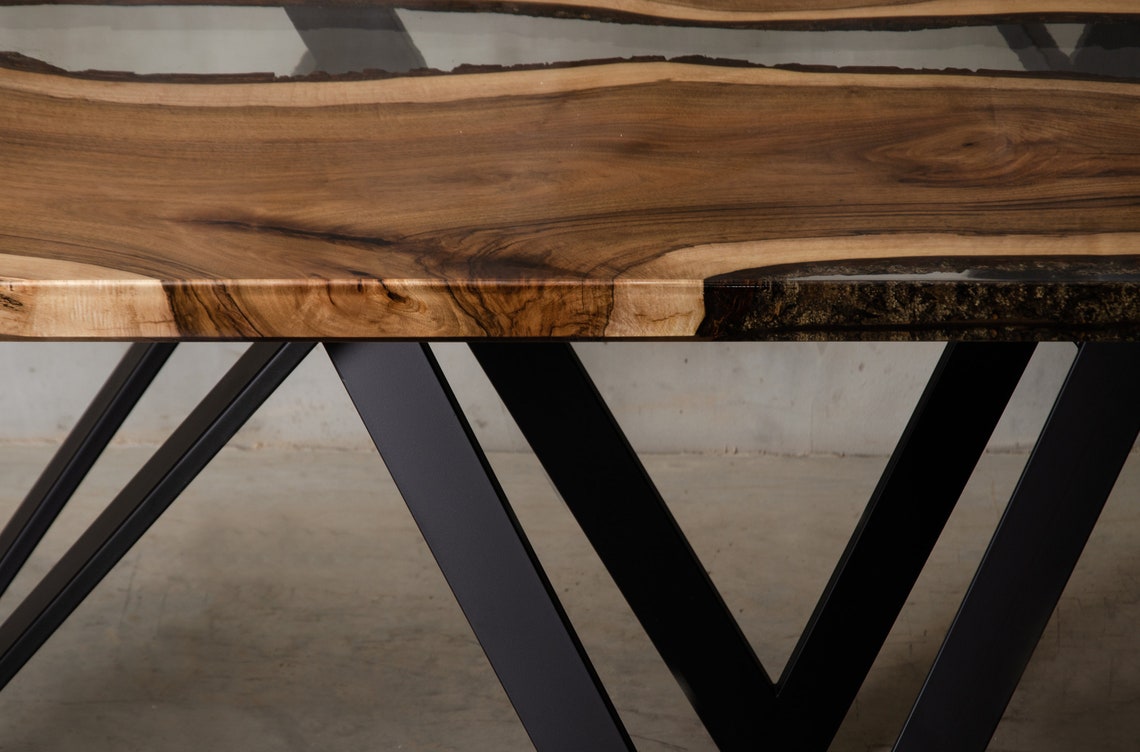 Custom Epoxy Resin Table Made of Two Walnut Slabs Crystal - Etsy